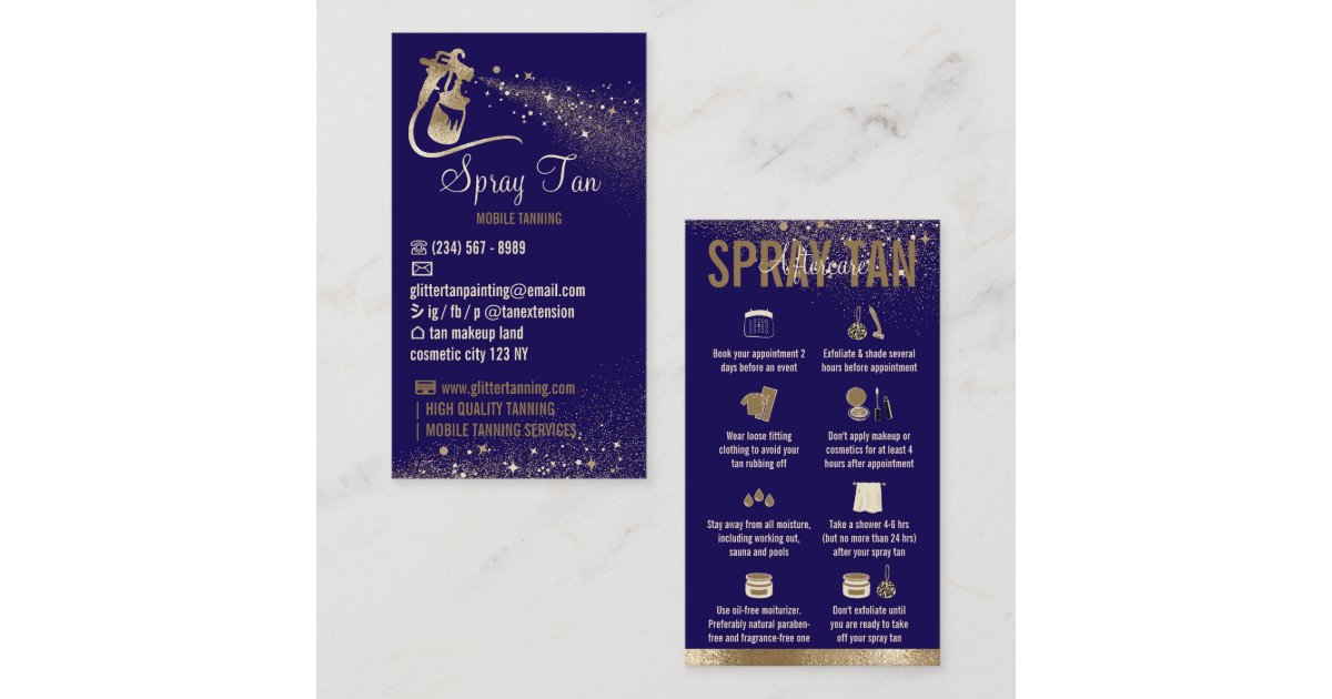 Navy Golden Aftercare Instructions Spray Tanning Business Card | Zazzle