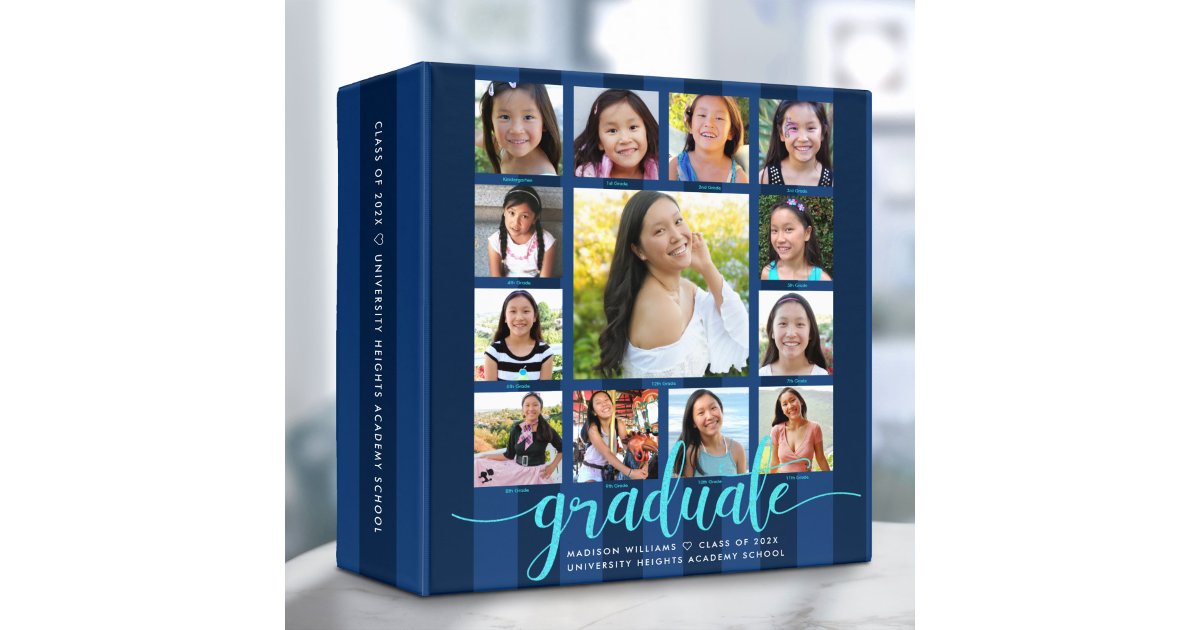 Navy Graduation K–12 Photo Collage Blue Script 3 Ring Binder | Zazzle