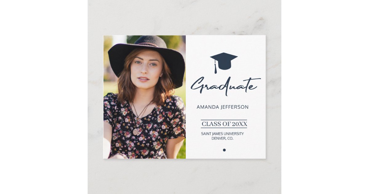 Navy Graduation | Modern script simple photo Postcard | Zazzle