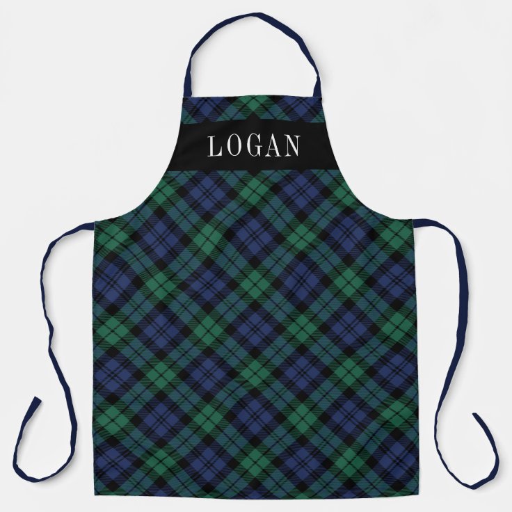 Navy Green Black Watch Plaid Personalized Holiday Apron | Zazzle