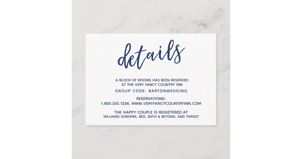 Navy Handwriting Wedding Details & Accommodation Enclosure Card | Zazzle
