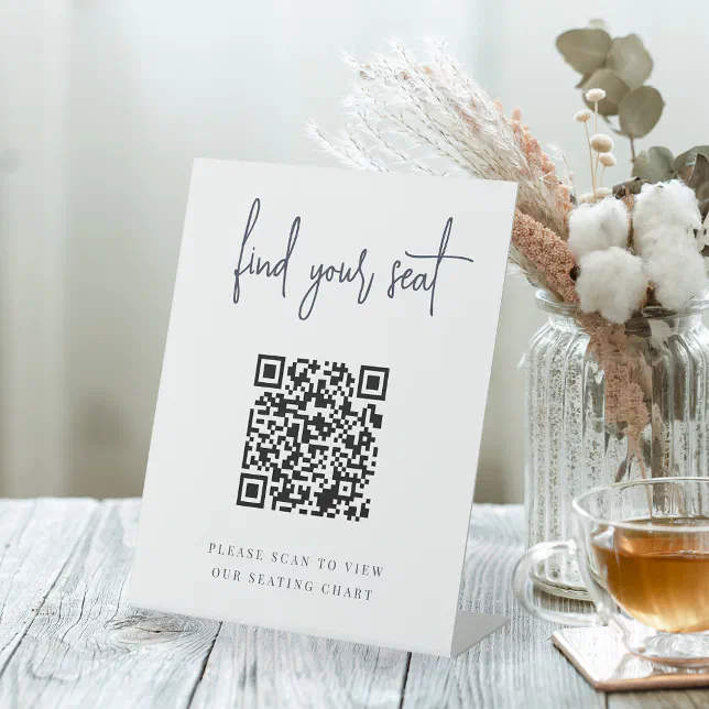 Navy | Handwritten Script QR Code Wedding Seating Pedestal Sign | Zazzle