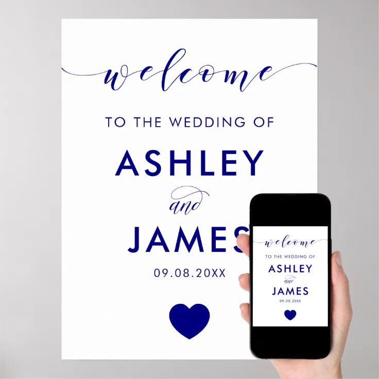 Navy Heart Wedding Welcome Sign, Navy Blue Poster | Zazzle