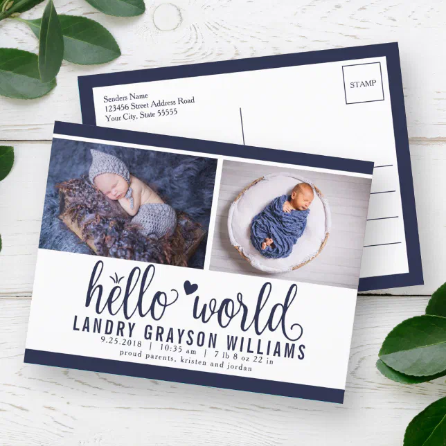 Navy Hello World Photo Birth Stat Announcement Postcard | Zazzle