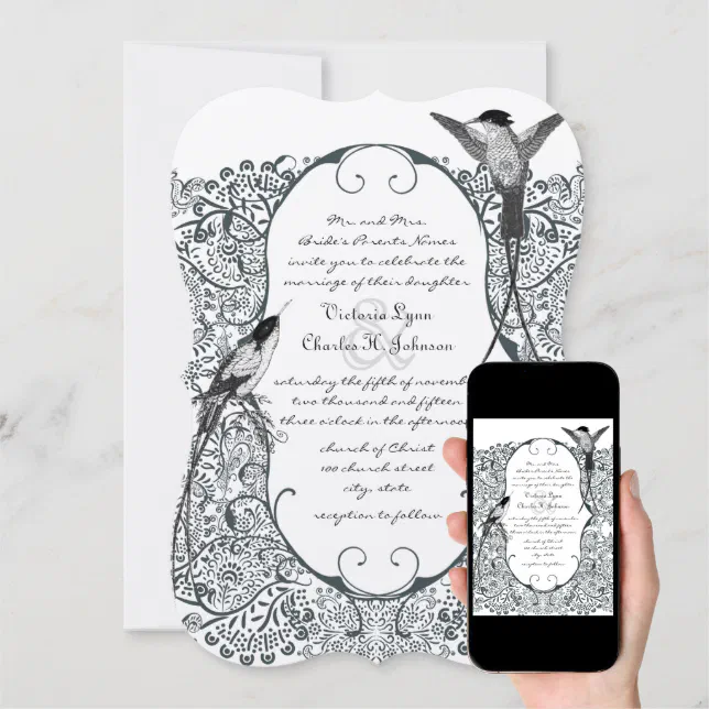 Navy Hummingbird Love Bird Pattern Wedding Invites | Zazzle