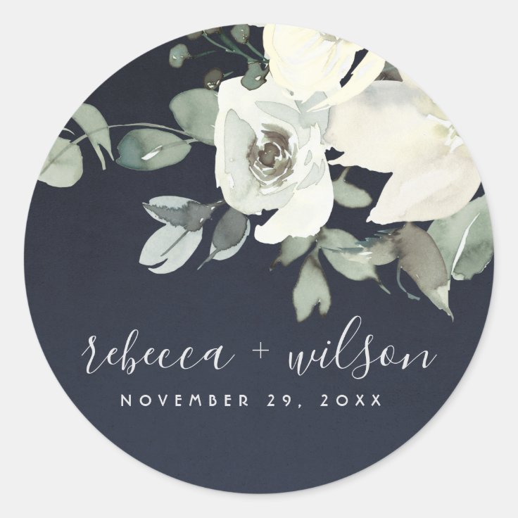 NAVY IVORY WHITE FLORAL WATERCOLOR BUNCH WEDDING CLASSIC ROUND STICKER ...