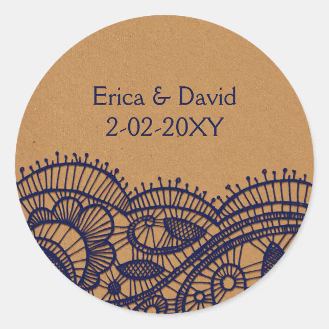 Navy Lace and Kraft Paper Wedding Classic Round Sticker | Zazzle