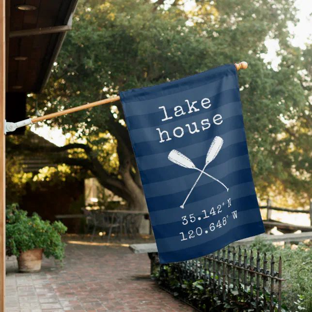 Navy | Lake House Custom Coordinates House Flag | Zazzle