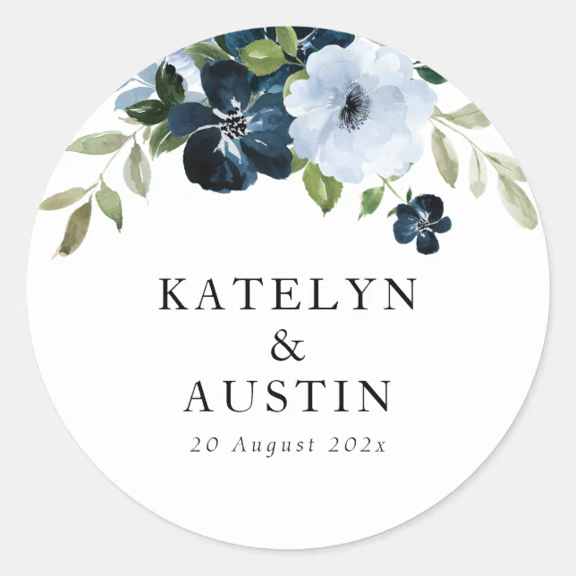 navy & light blue floral wedding classic round sticker | Zazzle