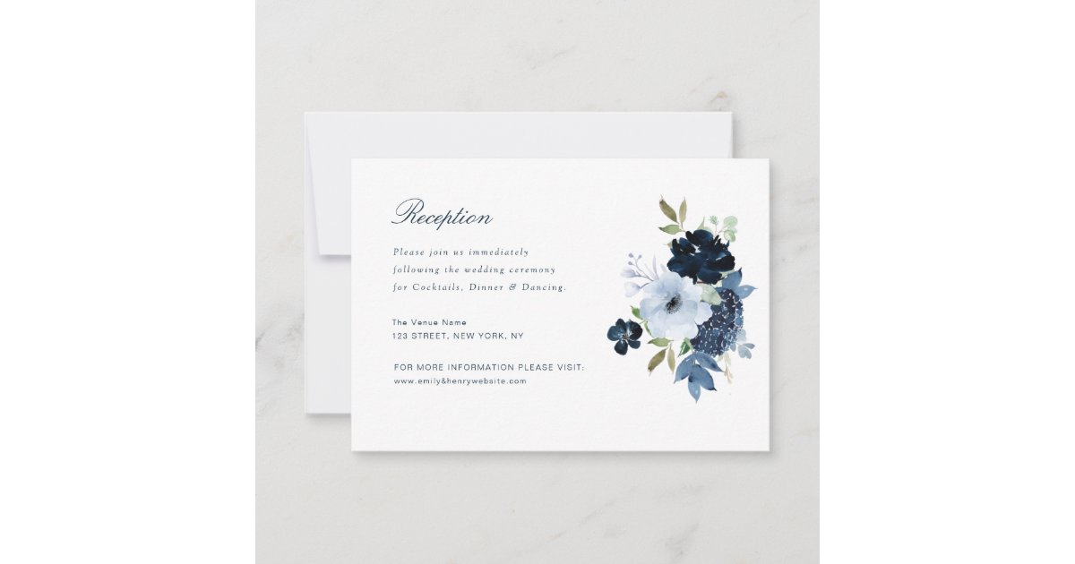 navy & light blue floral wedding reception card | Zazzle
