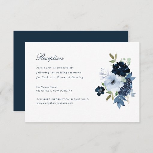 navy & light blue floral wedding reception card | Zazzle