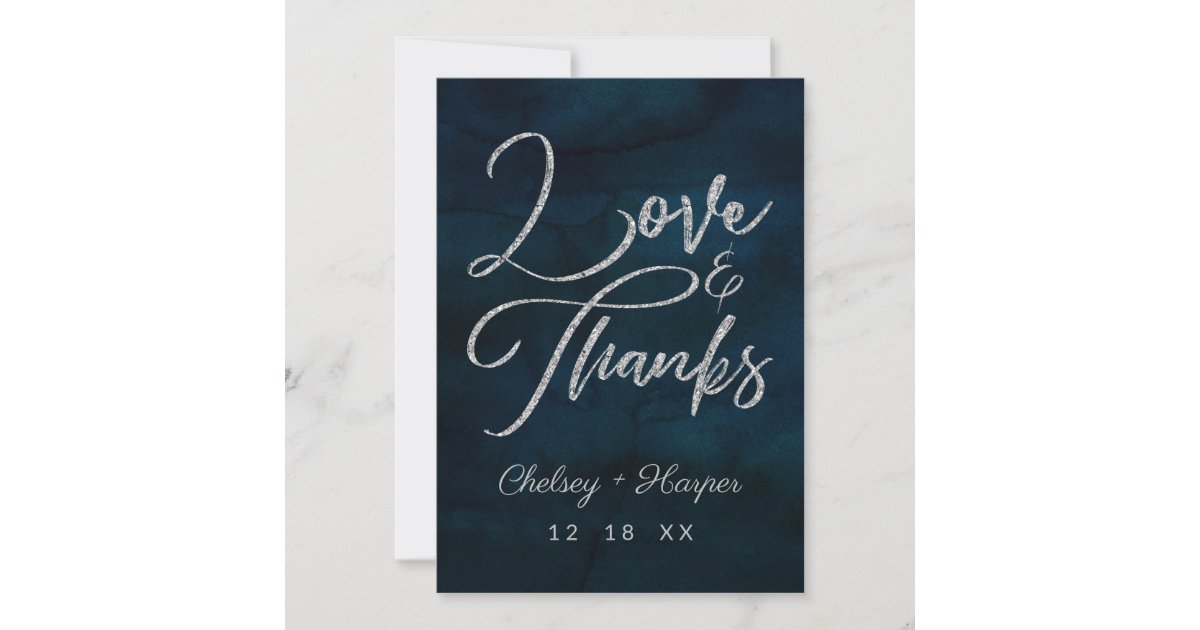 Navy Luster Blue Silver Wedding Love and Thanks Thank You Card | Zazzle