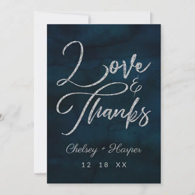 Navy Luster Blue Silver Wedding Love and Thanks Thank You Card | Zazzle