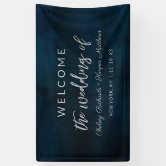 Navy Luster Silver Blue Watercolor Wedding Welcome Banner | Zazzle