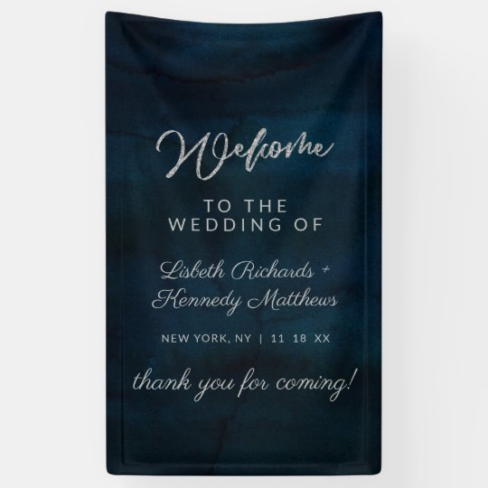 Navy Luster Silver Blue Watercolor Wedding Welcome Banner | Zazzle.com