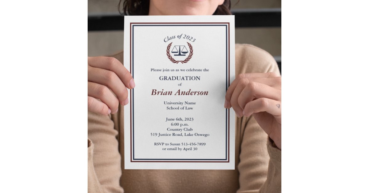 Navy & Maroon Justice Wreath Law School Graduation Invitation | Zazzle