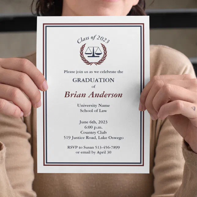 Navy & Maroon Justice Wreath Law School Graduation Invitation | Zazzle