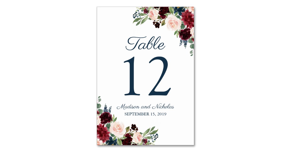 Navy Marsala Floral Wedding Table Number Cards | Zazzle