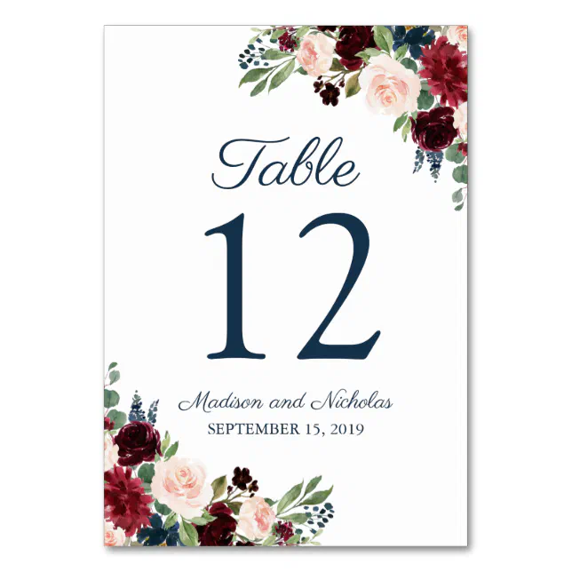 Navy Marsala Floral Wedding Table Number Cards | Zazzle