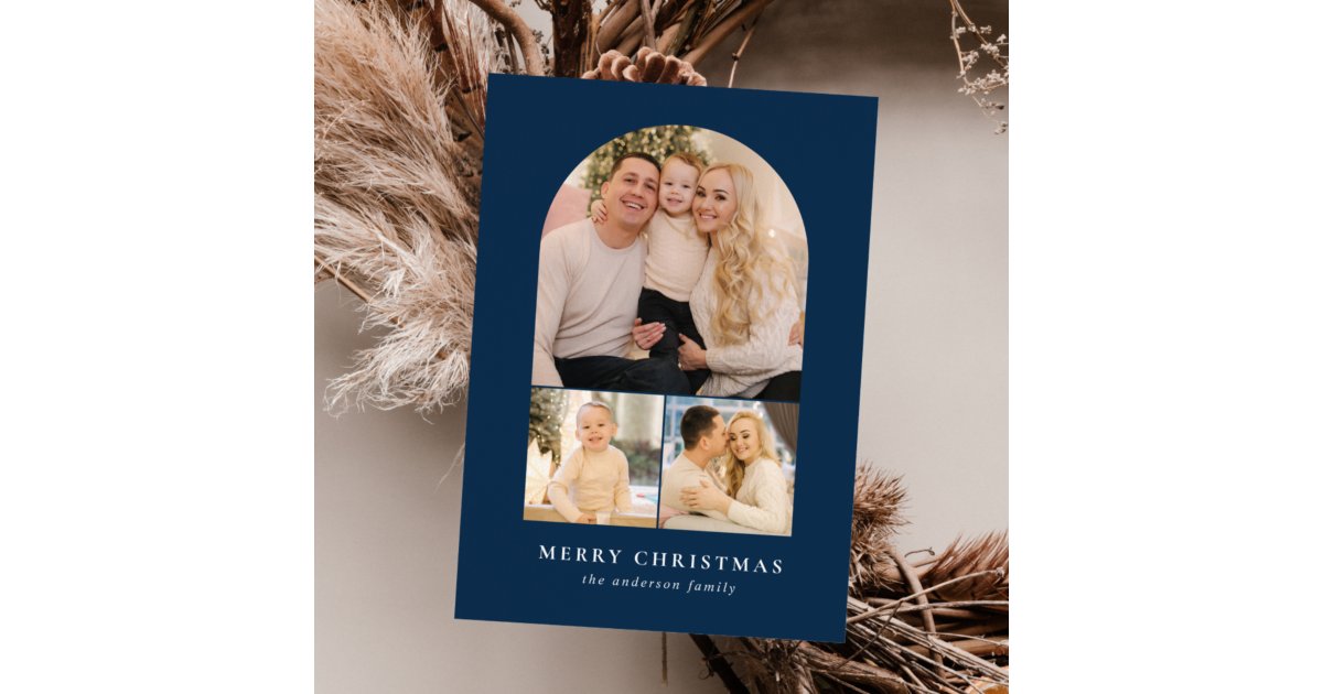 Navy Minimalist Arch 3 Photo Holiday Card | Zazzle