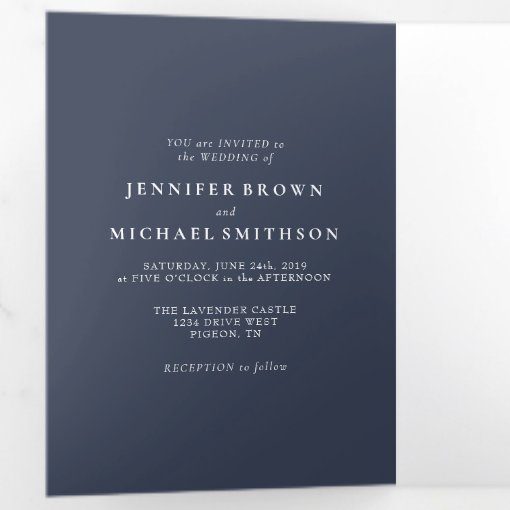 Navy Minimalist Modern Formal Wedding Tri-Fold Card | Zazzle