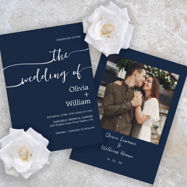 Navy Minimalist Script Wedding Invitation | Zazzle
