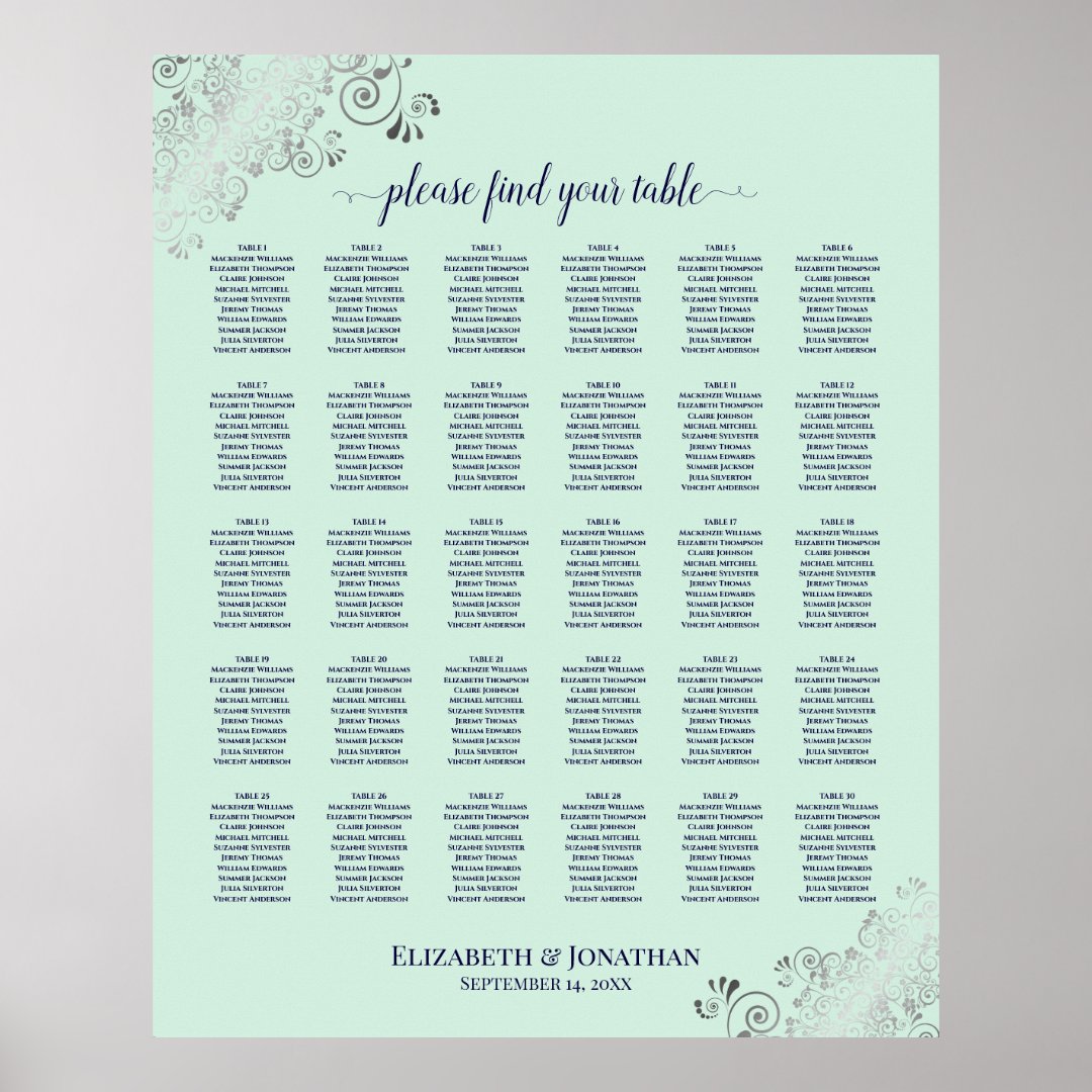 Navy & Mint Green 30 Table Wedding Seating Chart | Zazzle