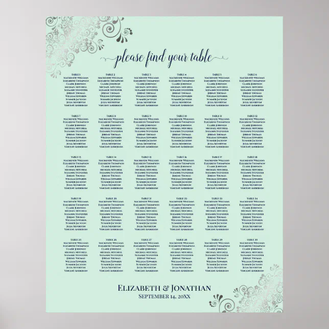 Navy & Mint Green 30 Table Wedding Seating Chart | Zazzle