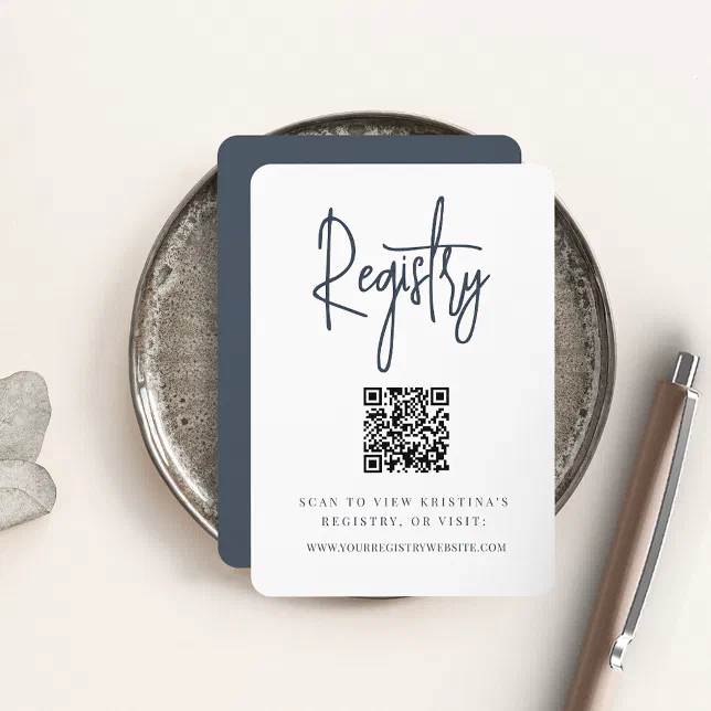 Navy | Modern Script QR Code Bridal Registry Enclosure Card | Zazzle