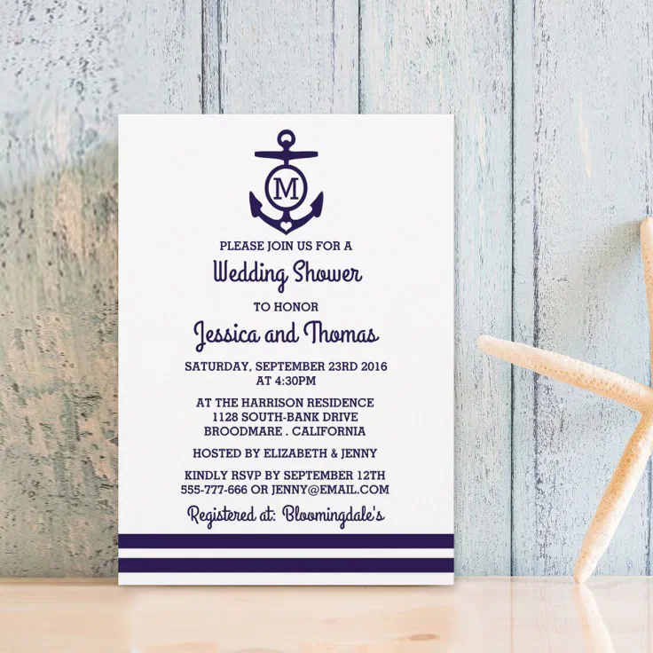 Navy Monogram Anchor Nautical Wedding Shower Invitation | Zazzle