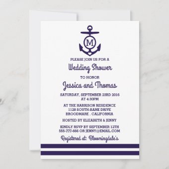 Navy Monogram Anchor Nautical Wedding Shower Invitation | Zazzle