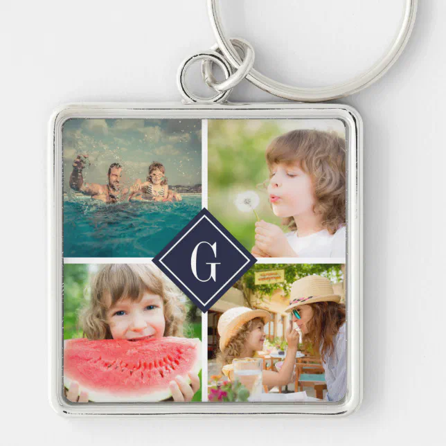 Navy Monogram Photo Collage Keychain | Zazzle