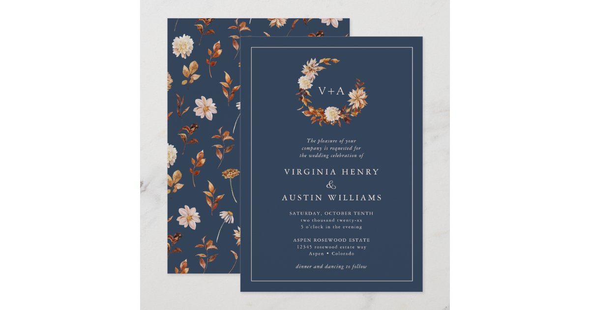 Navy Monogrammed Wedding Invitation | Zazzle