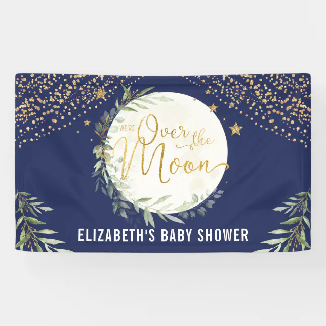 Navy Moon Star Greenery Gold Baby Shower Welcome Banner | Zazzle