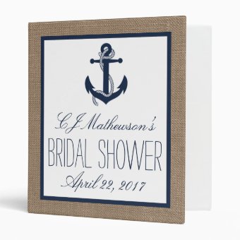 Navy Nautical Anchor Burlap Bridal Shower Recipe 3 Ring Binder | Zazzle