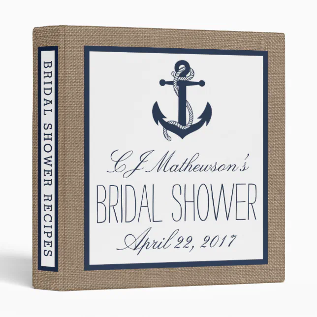 Navy Nautical Anchor Burlap Bridal Shower Recipe 3 Ring Binder | Zazzle
