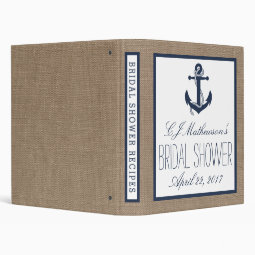 Navy Nautical Anchor Burlap Bridal Shower Recipe 3 Ring Binder | Zazzle