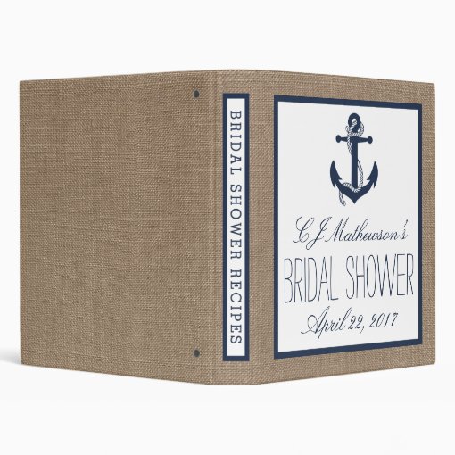 Navy Nautical Anchor Burlap Bridal Shower Recipe 3 Ring Binder | Zazzle
