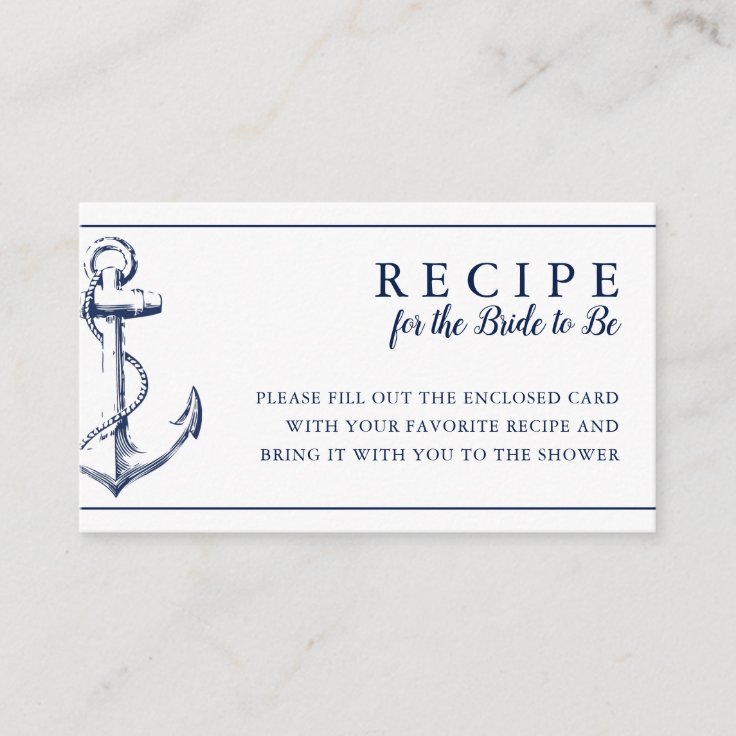 Navy Nautical Anchor Recipe for the Bride Enclosure Card | Zazzle