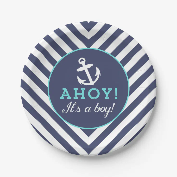 Navy Nautical Chevron Baby Shower Paper Plates | Zazzle