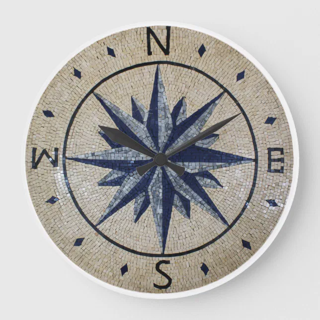 Navy Nautical Compass North south East West Marble Large Clock | Zazzle