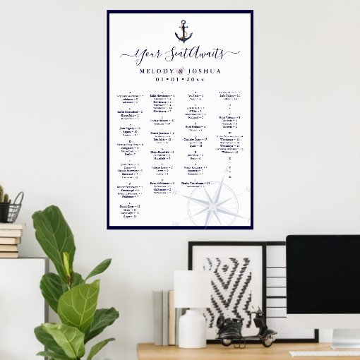 NAVY NAUTICAL SEATING CHART, ALPHABETICAL POSTER | Zazzle