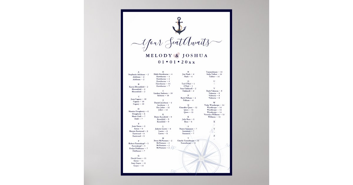 NAVY NAUTICAL SEATING CHART, ALPHABETICAL POSTER | Zazzle
