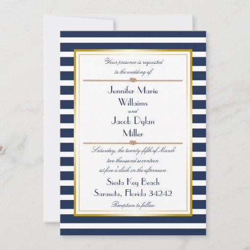 Navy Nautical Stripe Rope Wedding Invitation | Zazzle