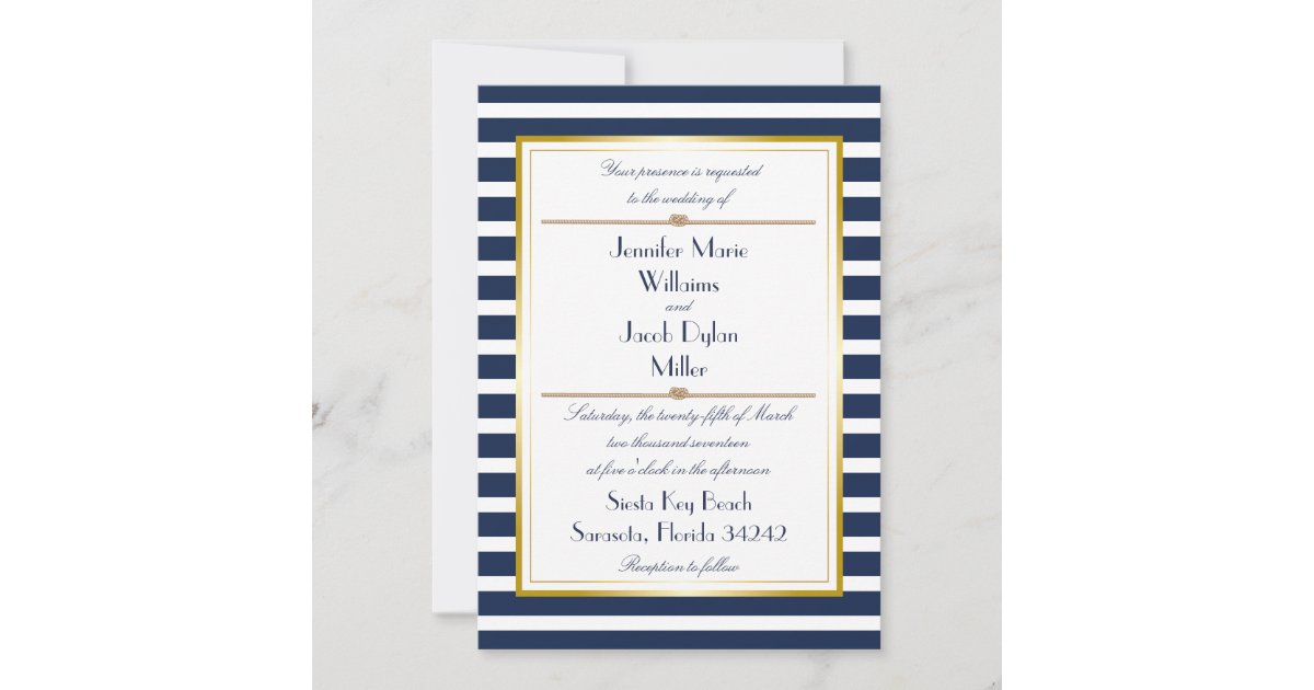 Navy Nautical Stripe Rope Wedding Invitation | Zazzle