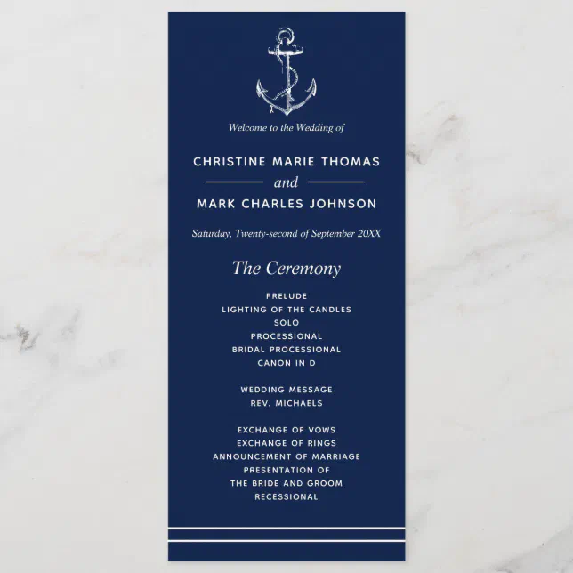 Navy Nautical White Anchor Wedding Program | Zazzle