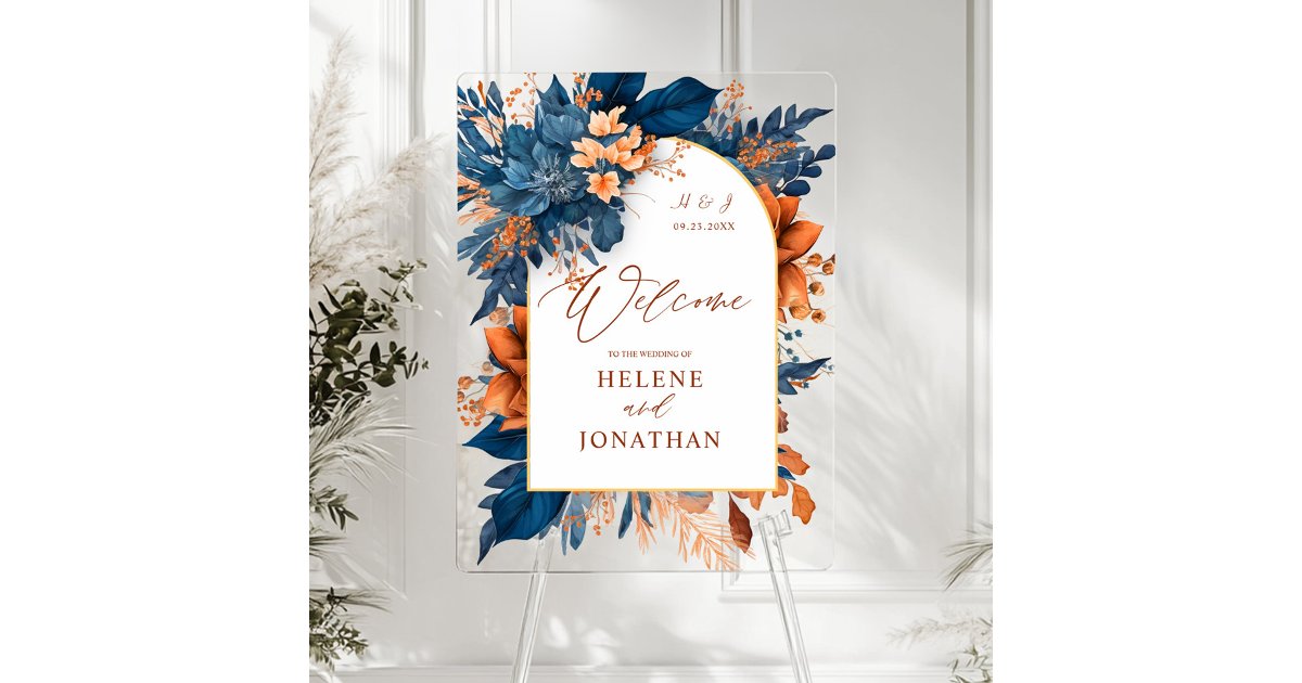 Navy Orange Floral Elegant Wedding Welcome Acrylic Sign | Zazzle