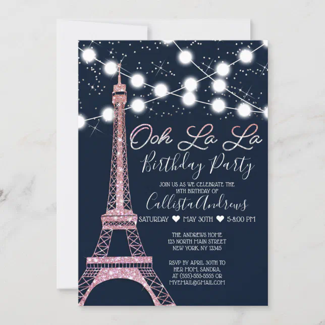 Navy Paris Eiffel Tower Glitter Lights Birthday Invitation | Zazzle