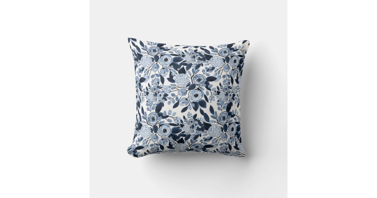 Navy Pastel Blue Watercolor Floral Pattern Throw Pillow | Zazzle