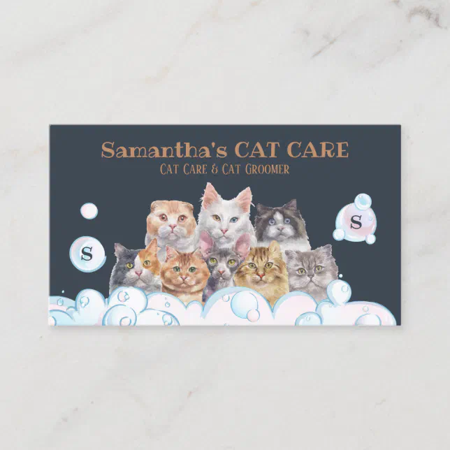 Navy Pet Care Spa Salon Sitting Bath Groomer Cat Business Card | Zazzle